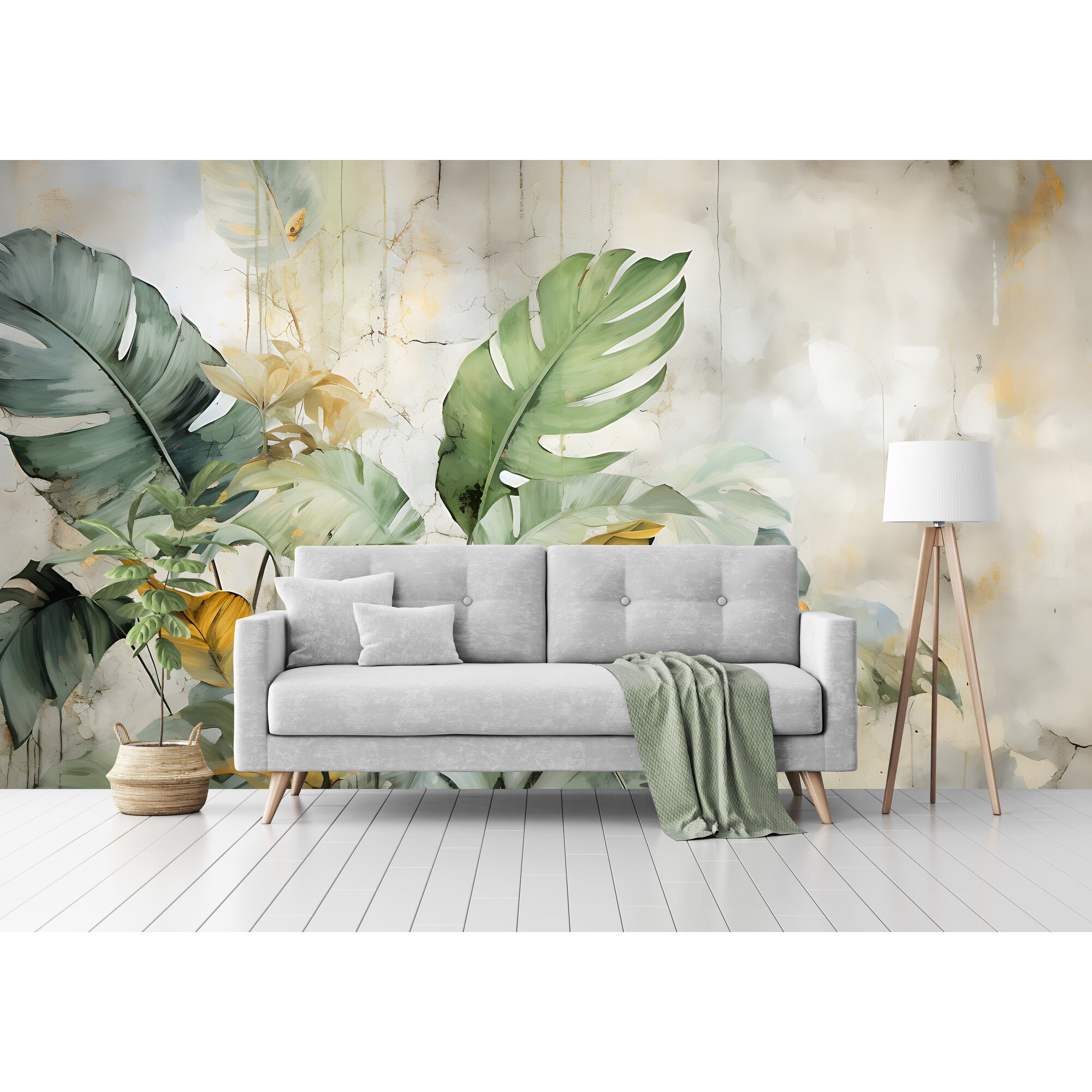 Fototapet Frunze de monstera, verde, bej, fundal beton, stil modern 368 ...