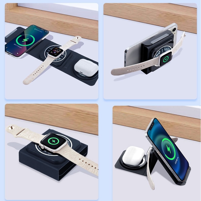 Incarcator telefon wireless 3 in 1 A.S.I.N.C, negru, pliabil, material ...
