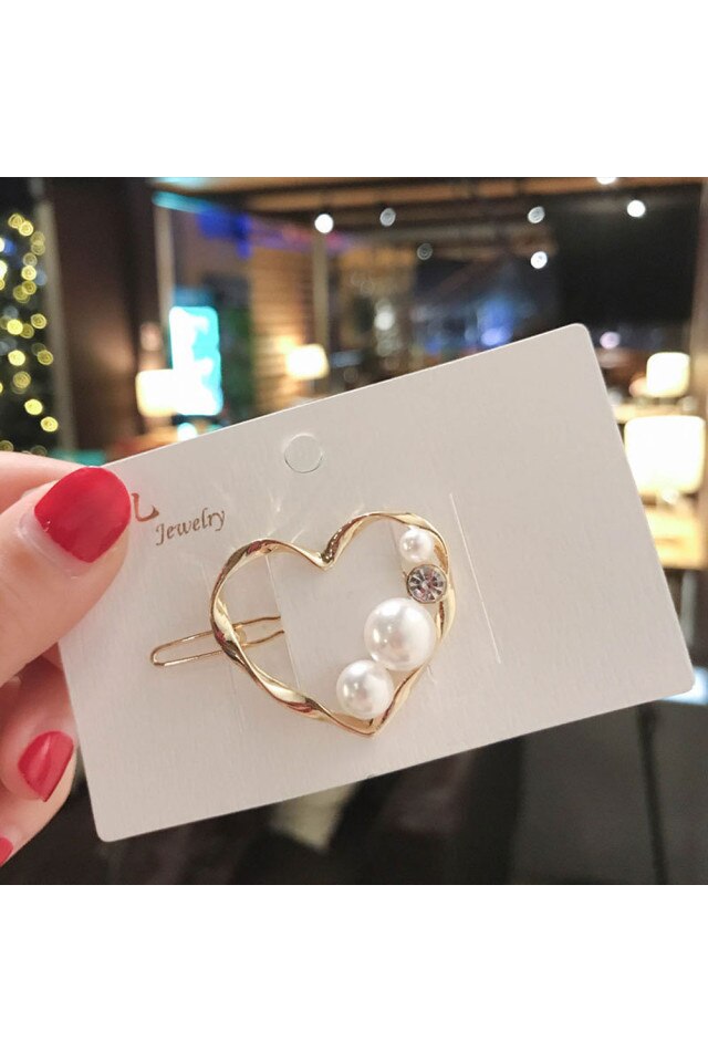 Agrafa pentru par, model inimioara cu cristal si perlute albe Auriu ...