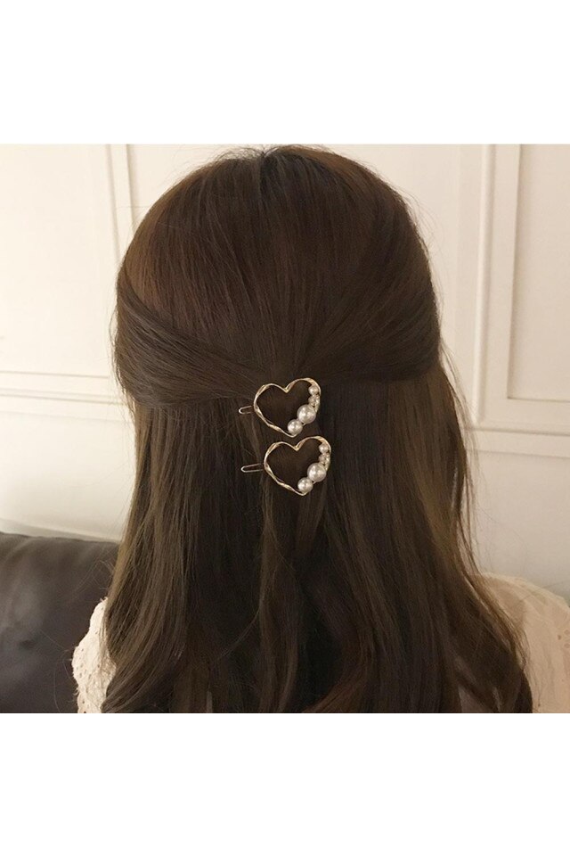 Agrafa pentru par, model inimioara cu cristal si perlute albe Auriu ...