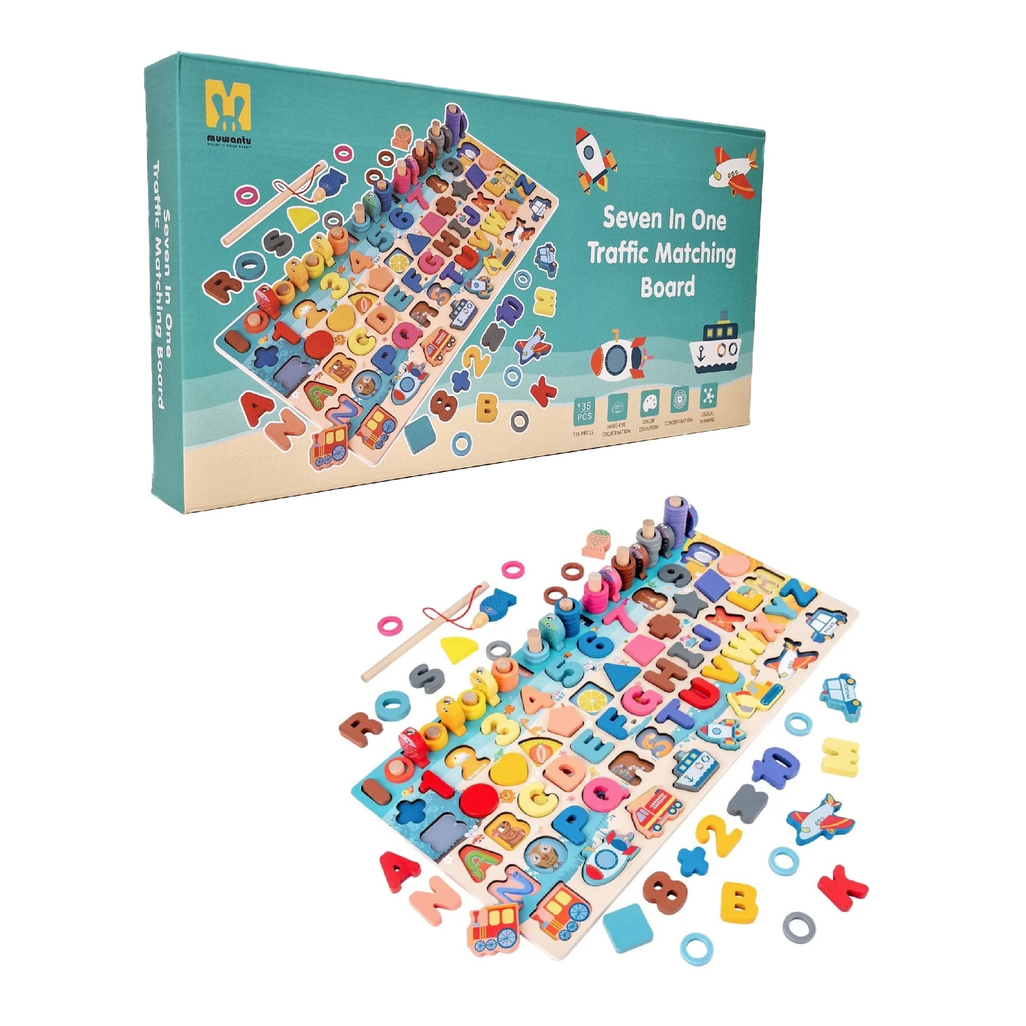 Joc educativ din lemn, logaritmic, tip Montessori 7 in 1, sortator de ...