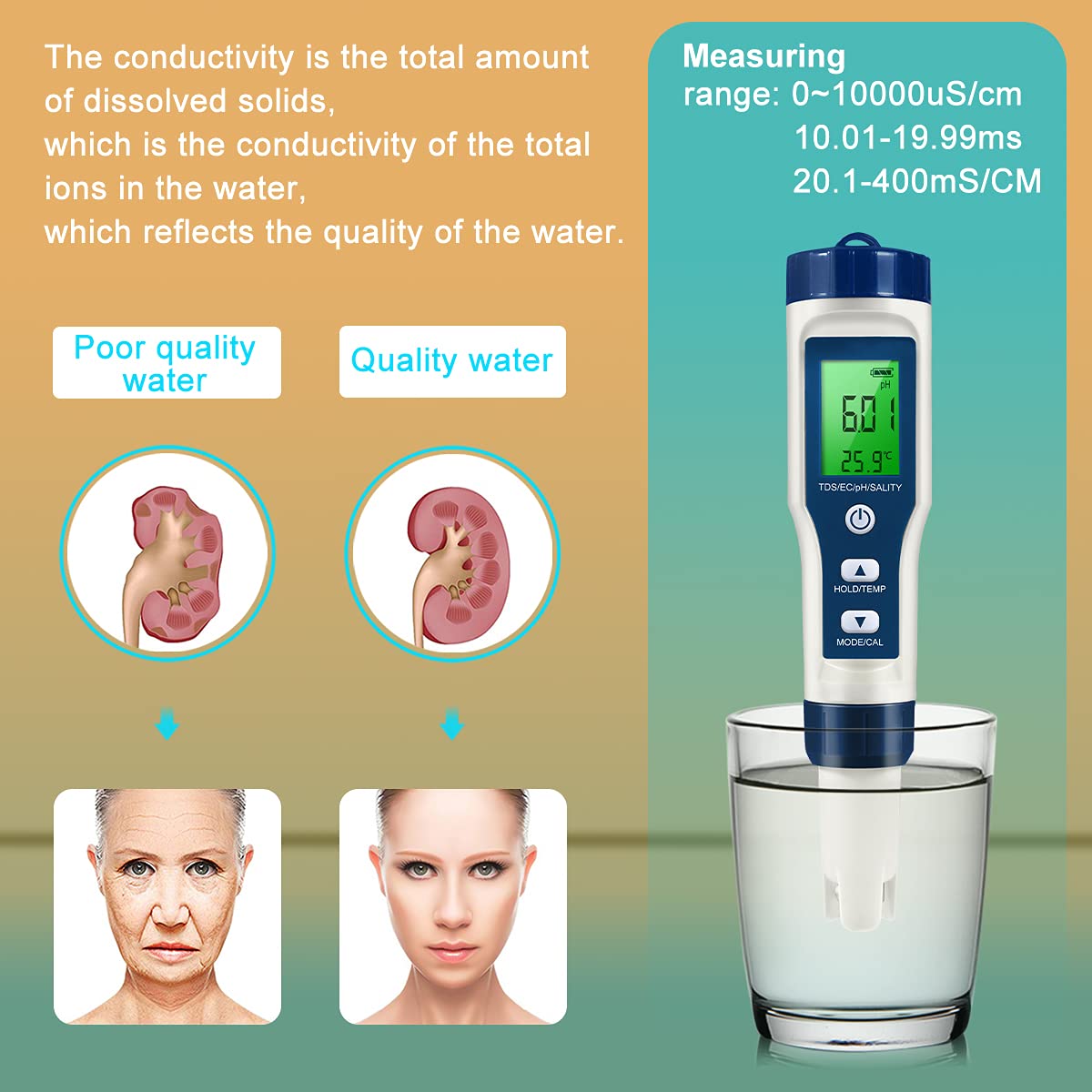 Tester calitate apa 5 in 1, MOSMAOO®, de masurat, salinitatea/PH/TDS/EC ...