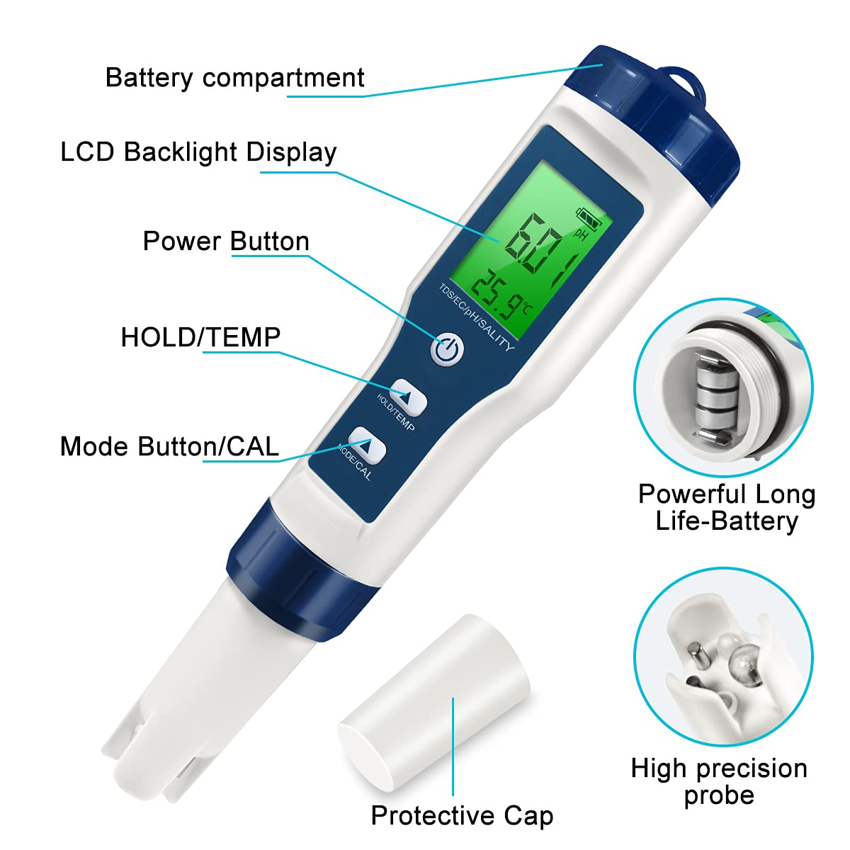 Tester calitate apa 5 in 1, MOSMAOO®, de masurat, salinitatea/PH/TDS/EC ...