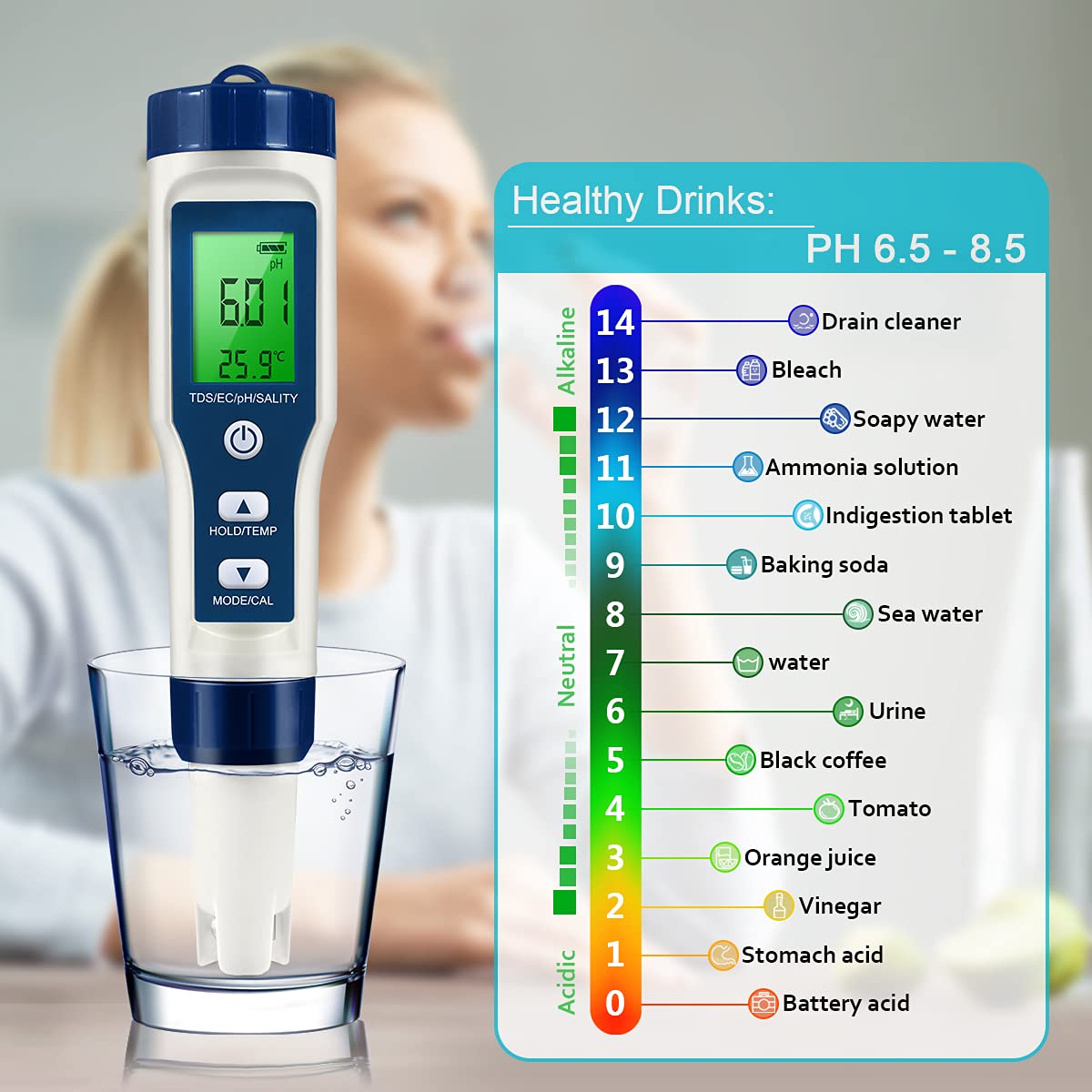 Tester calitate apa 5 in 1, MOSMAOO®, de masurat, salinitatea/PH/TDS/EC ...