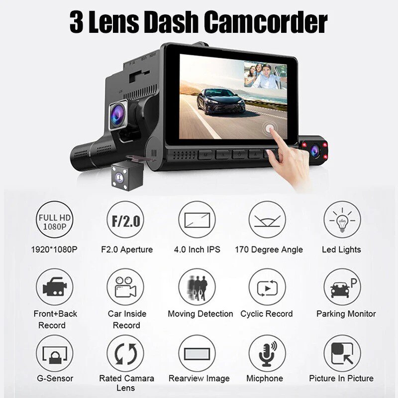 Camera Auto DVR, 3 Camere, Video Full HD 1440P, Ecran Tactil, Display 4 ...
