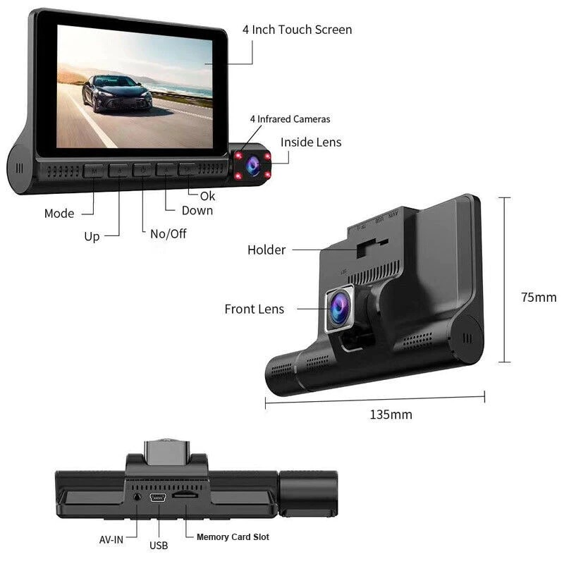 Camera Auto DVR, 3 Camere, Video Full HD 1440P, Ecran Tactil, Display 4 ...