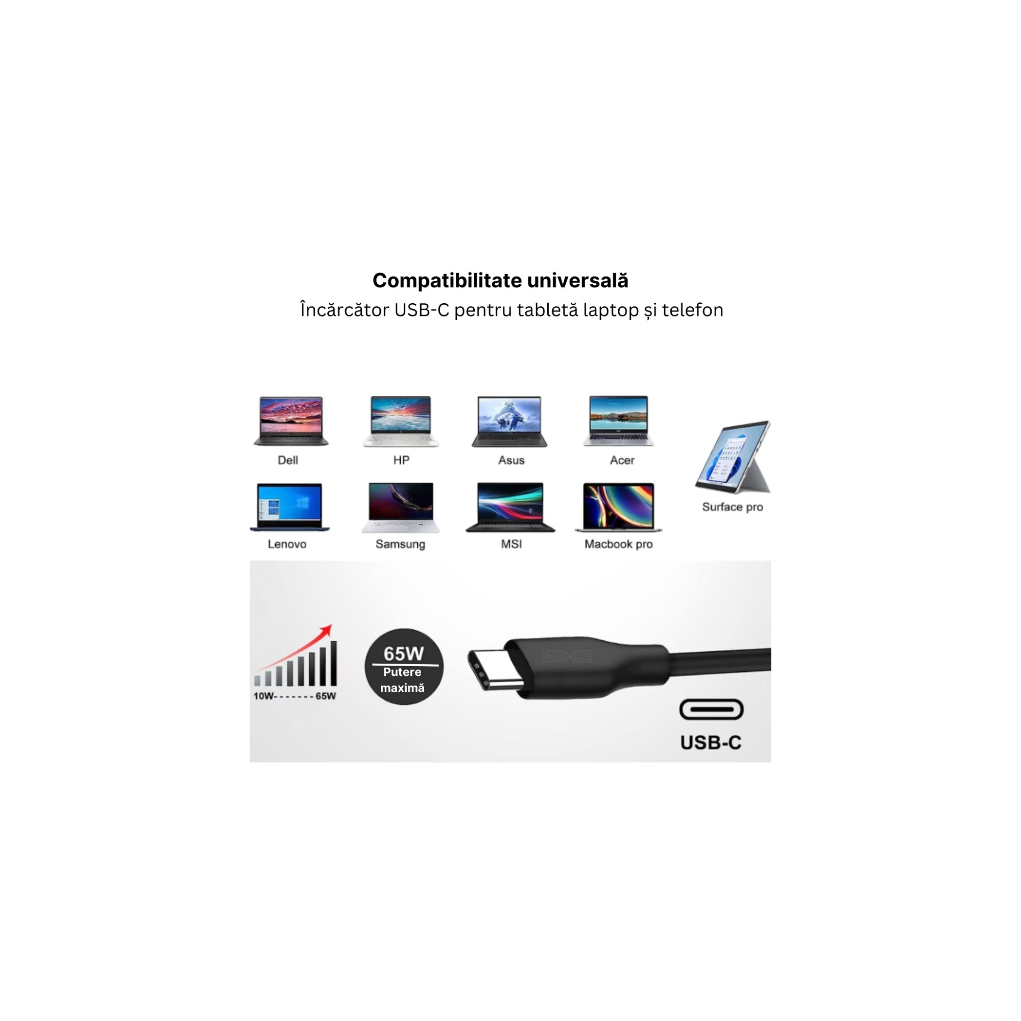 Incarcator auto cu cablu USB-C, 65W + USB, 2V, 5A, compatibil cu ...