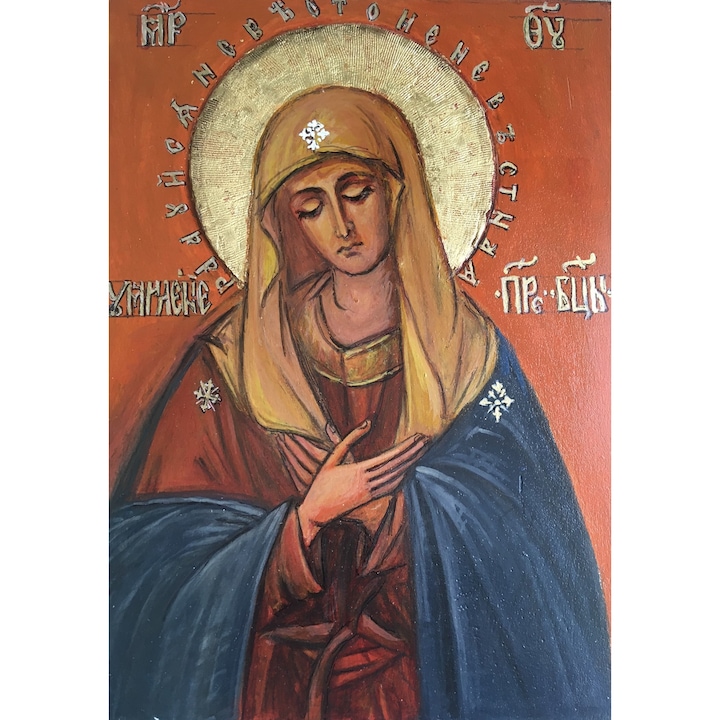 Icoana Handmade, decorata cu stucatura, poleita cu schlagmetall: Maica ...