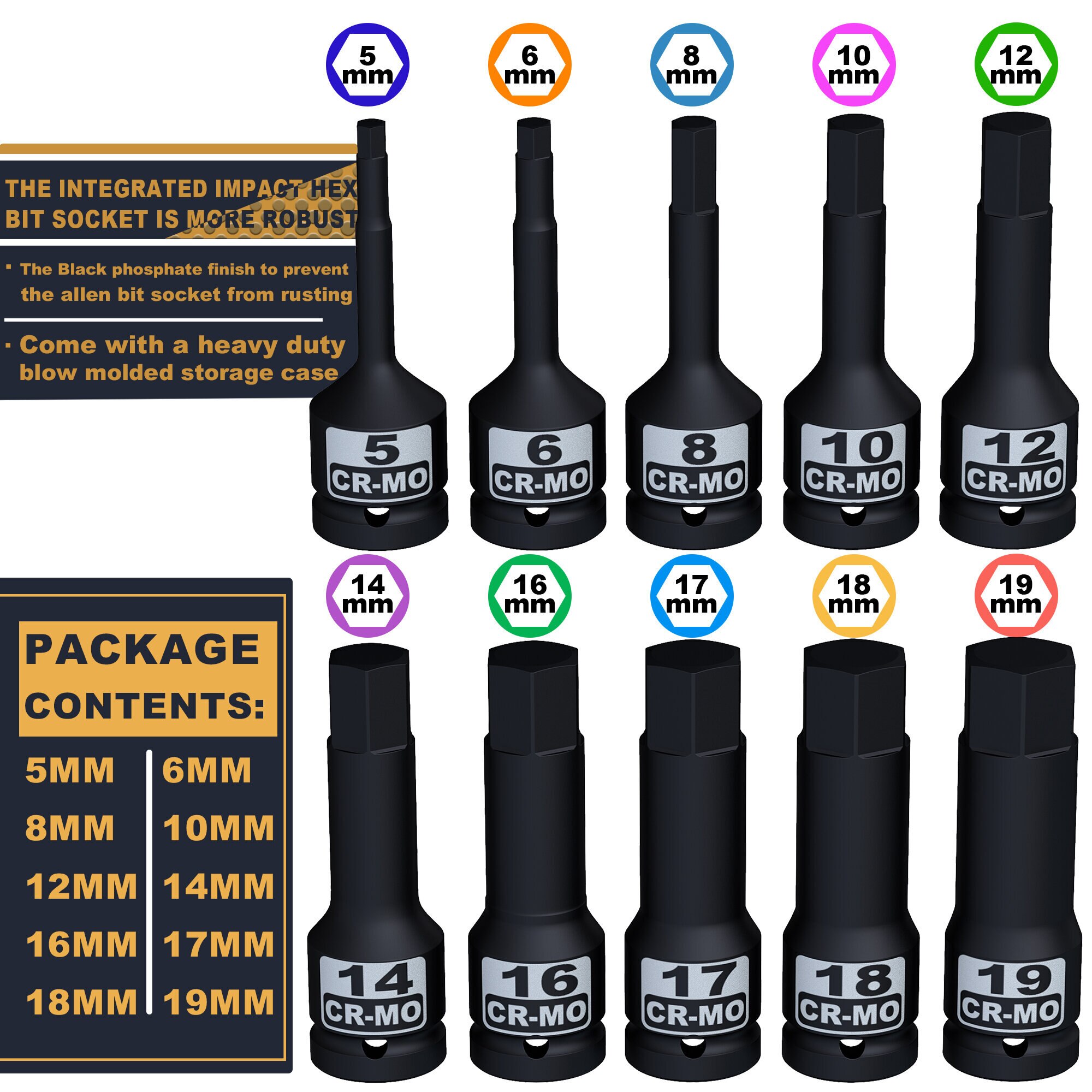 Set tubulara cu biti hexagonale de impact 1/2", 5mm-19mm, 10 Buc - eMAG.ro