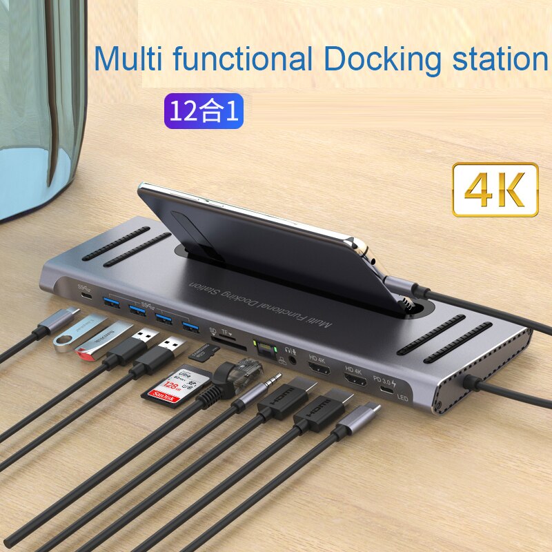 Adaptor Hub Multiport 12 in 1 USB-C 3.1 la HDMI 4K / LAN RJ45 Ethernet ...