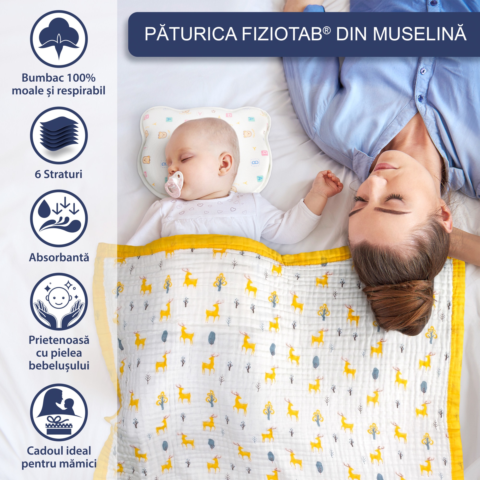 FizioTab® babatakaró, 6 rétegű muszlin, 110x110 cm, pamut, 0-5 éves ...