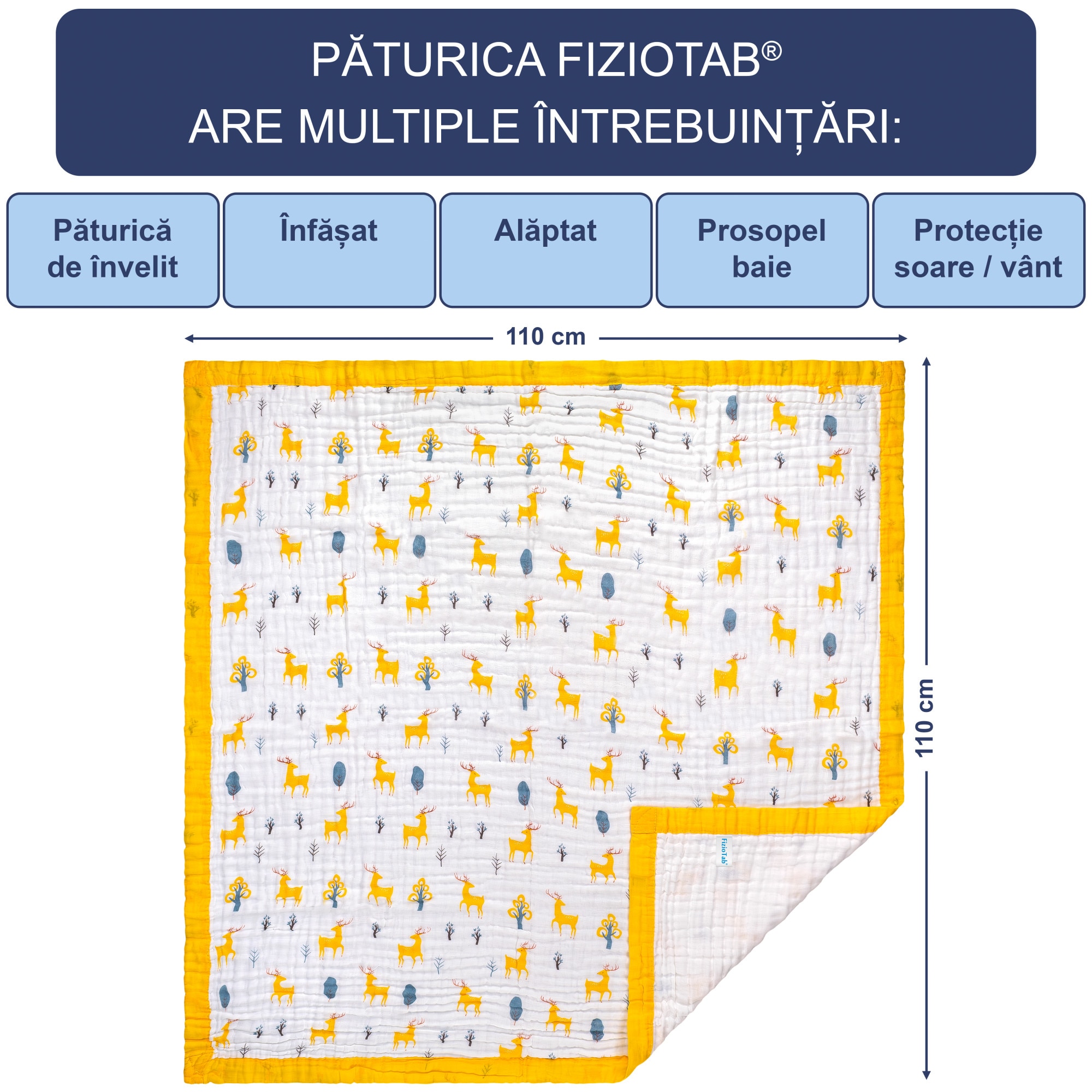 FizioTab® babatakaró, 6 rétegű muszlin, 110x110 cm, pamut, 0-5 éves ...