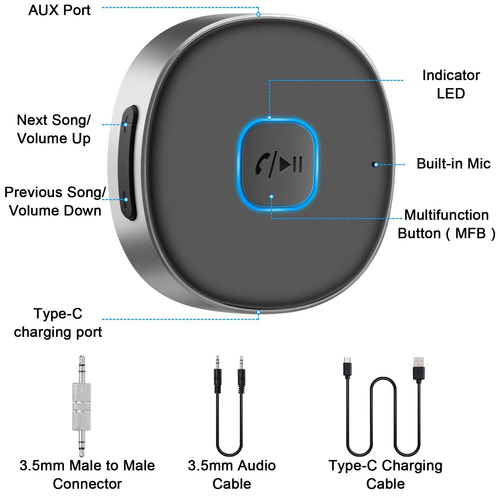 Adaptor Bluetooth 5.0, NUODWELL, Receiver Audio cu Port AUX 3.5 mm ...