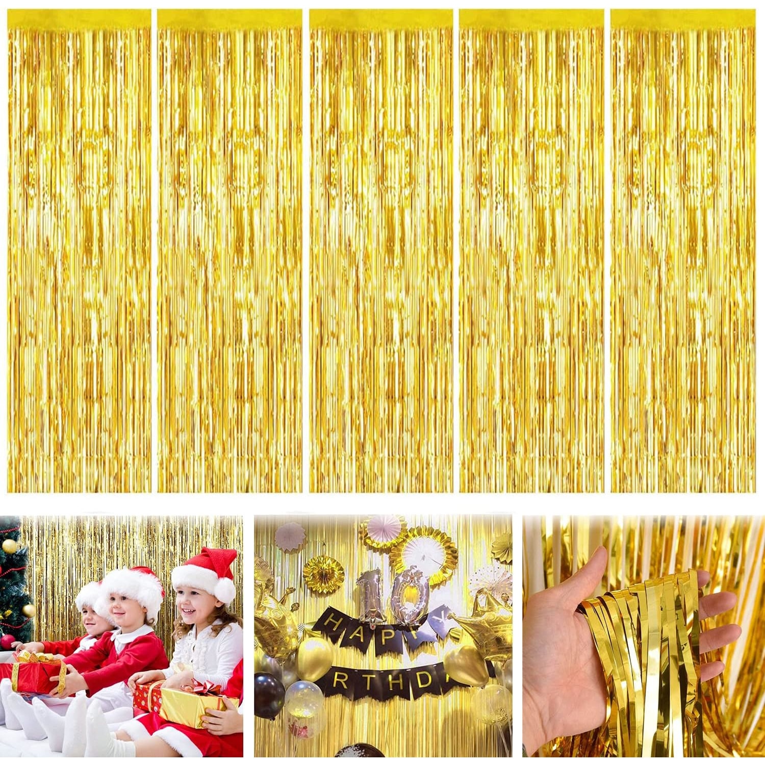 Set 5 perdele cu franjuri, Folie, 1x2 m, Auriu - eMAG.ro