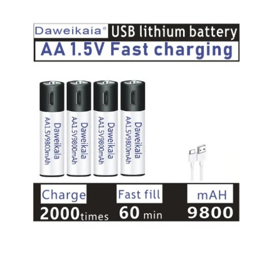 Set 4 acumulatori AA 1.5V, 9800 mAh, Li-Ion cu incarcare USB - eMAG.ro