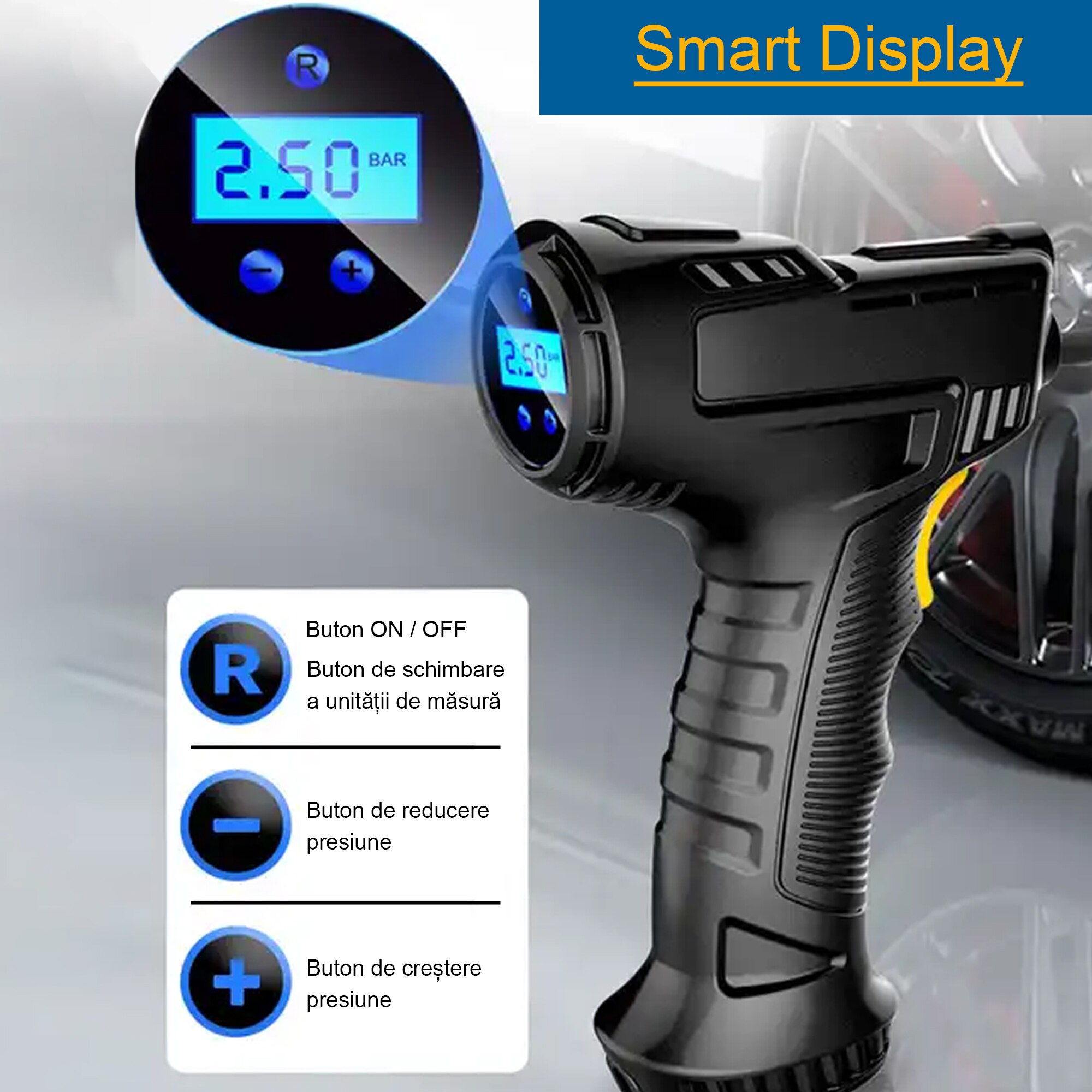 Compresor auto digital portabil 120 W, Wireless, Maxim 10 BAR/150Psi ...