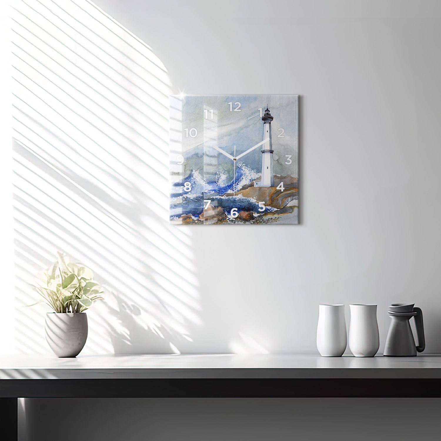 Ceas de perete, Wallfluent, de sticla, Mainile albe, cifrele, Marea si ...