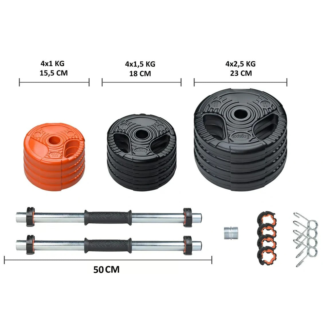 Set gantere reglabile de 22 KG cu 2 bare de 50 cm lungime cu sistem de ...