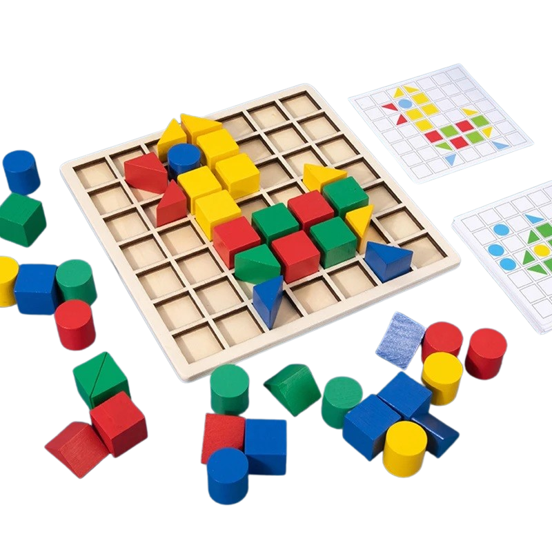 Образователна игра Block Stacking Puzzle, 44 дървени части, 20 карти с ...