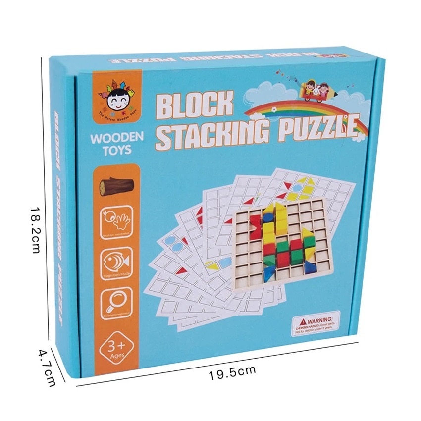 Образователна игра Block Stacking Puzzle, 44 дървени части, 20 карти с ...