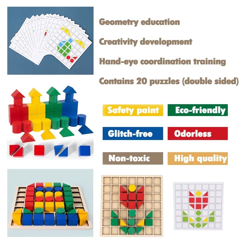 Joc educativ Block Stacking Puzzle, 44 piese din lemn, 20 cartonase cu ...