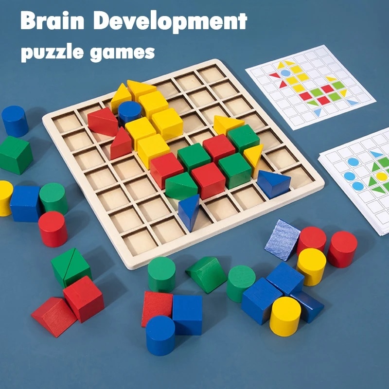 Joc educativ Block Stacking Puzzle, 44 piese din lemn, 20 cartonase cu ...