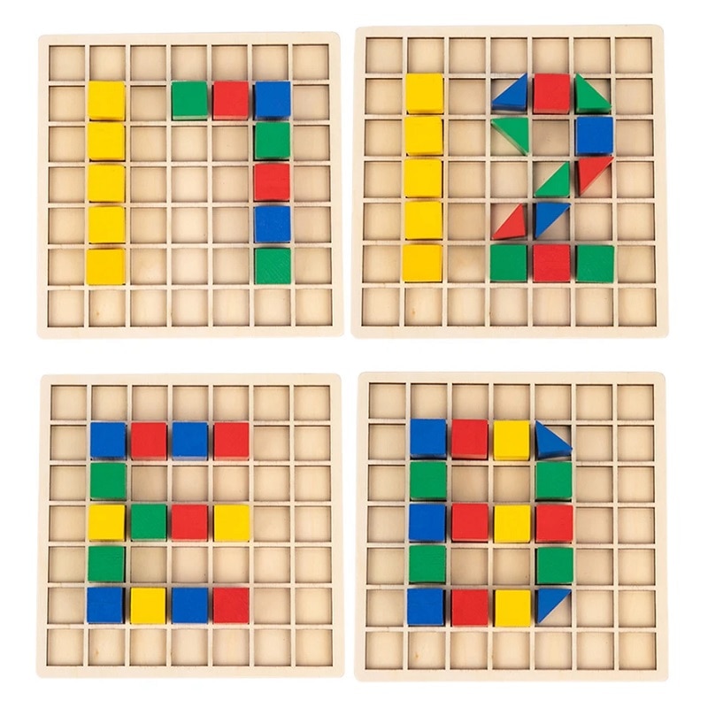 Образователна игра Block Stacking Puzzle, 44 дървени части, 20 карти с ...