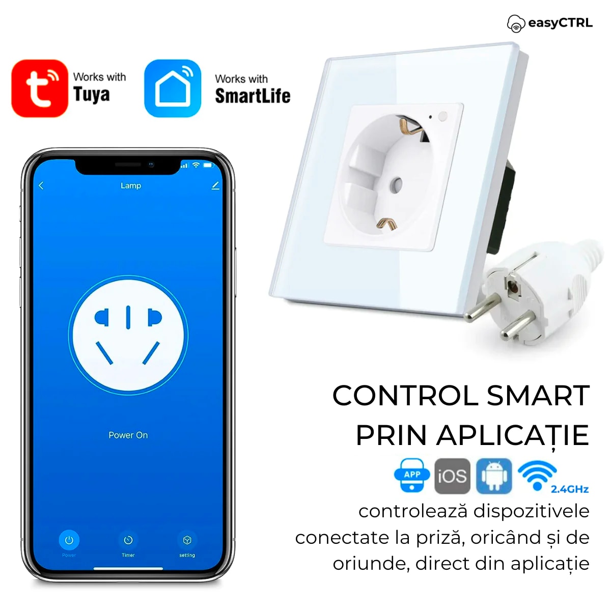 Priza inteligenta de perete, Wi-Fi, Rama din sticla, Monitorizare ...