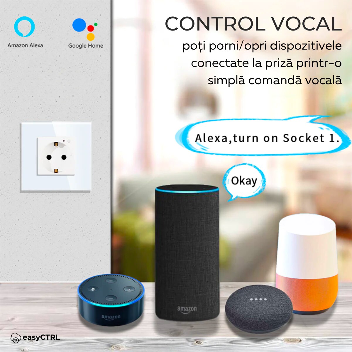 Priza inteligenta de perete, Wi-Fi, Rama din sticla, Monitorizare ...