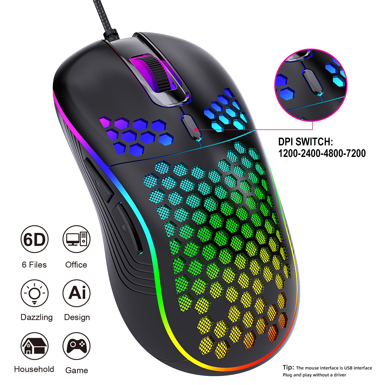 Mouse profesional pentru Gaming & Office, NUODWELL, Iluminare RGB, Cu 6 ...