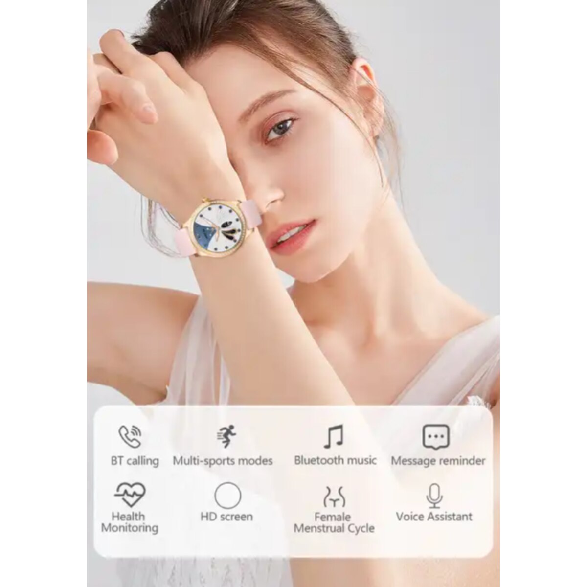 RoHS® Gold SmartWatch с камъни Сваровски, гласов асистент, метална ...