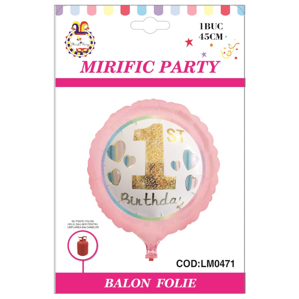 Balon party, folie metalizata roz, 45 cm, rotund, cifra 1 - eMAG.ro