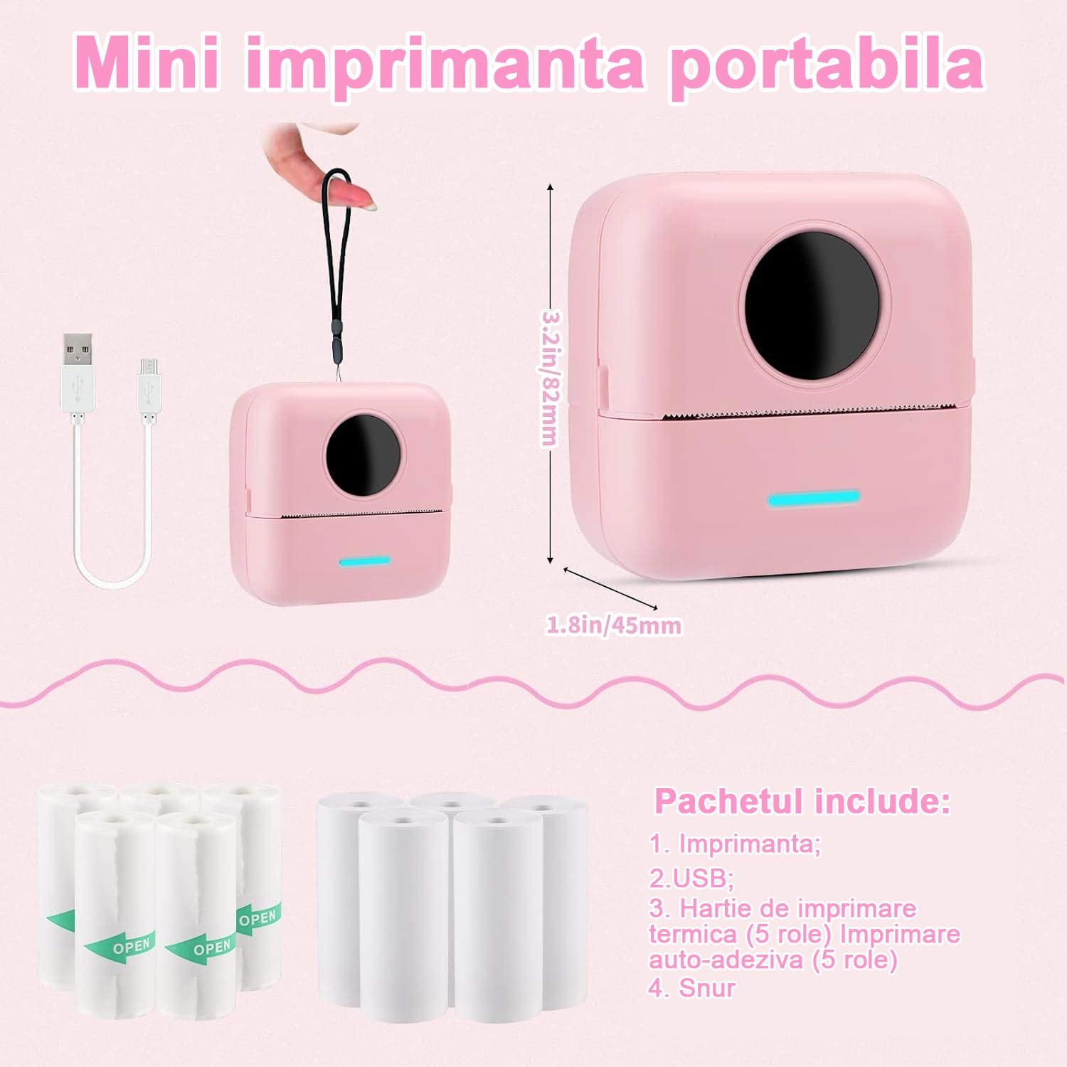 Mini imprimanta termica si 10 role hartie, RASK, Bluetooth, compatibil ...
