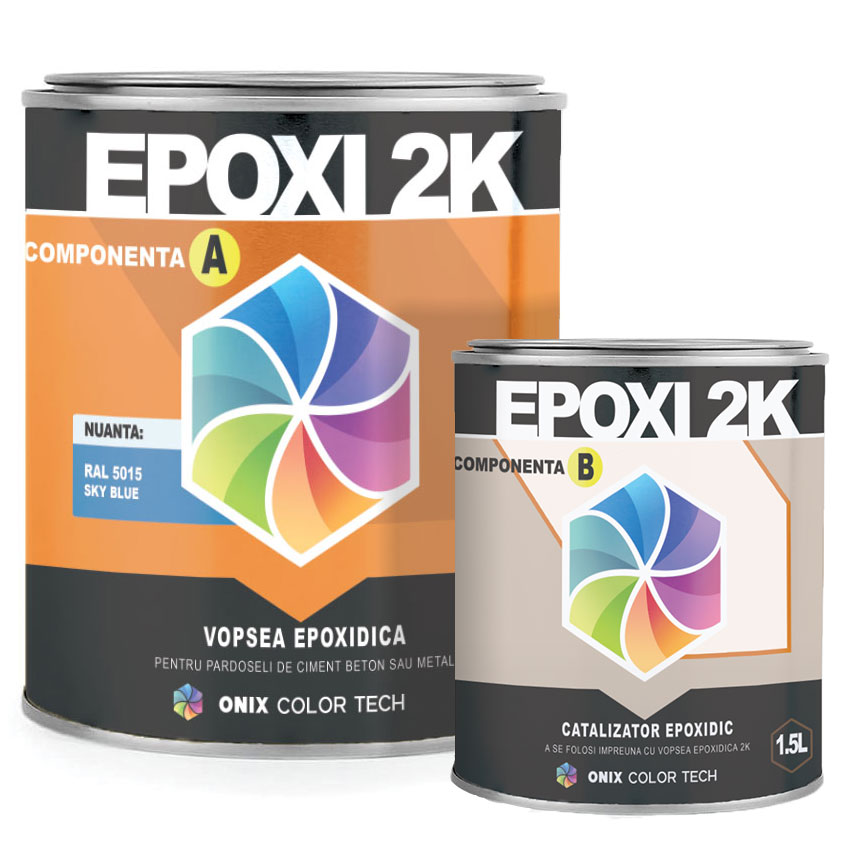 Vopsea Epoxidica Pardoseli de ciment, gresie sau metal, RAL 5015 Sky Blue, Catalizator inclus 4L ...
