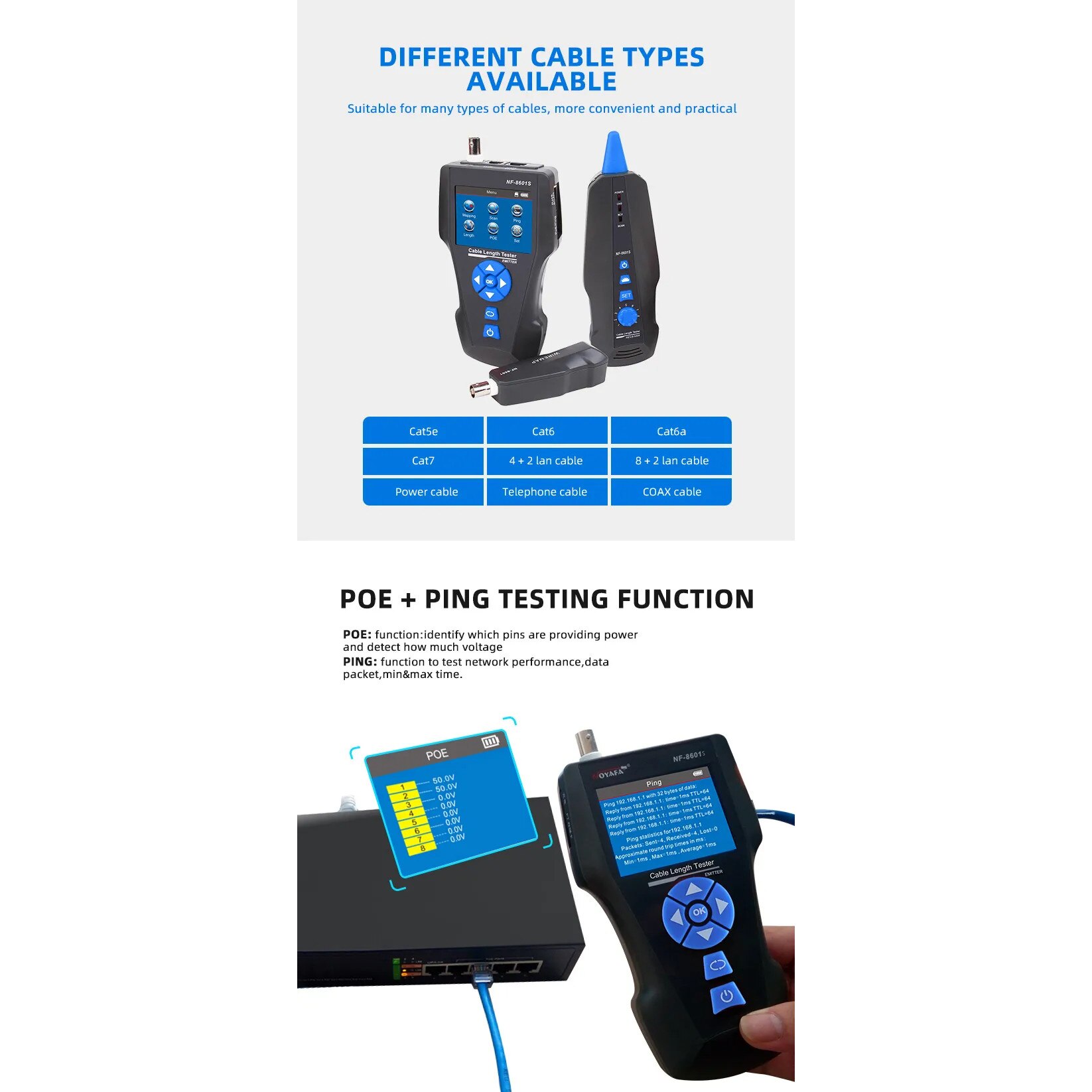 Кабелен тестер за проверка на мрежови кабели Noyafa NF 8601S, LAN, TDR ...