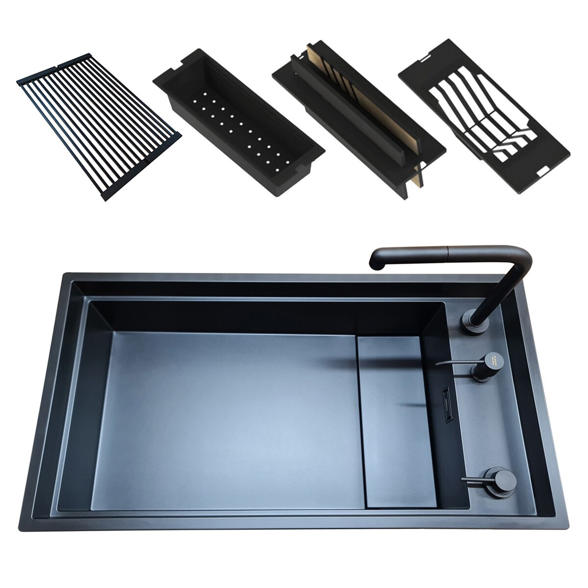 Set chiuveta bucatarie compozit ceramic cu baterie telescopica, Elleci ...