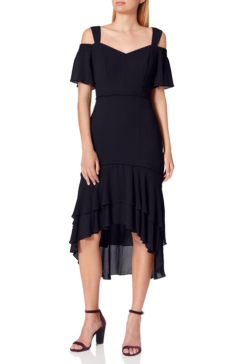 Rochie de seara eleganta, midi, din voal, cu umerii goi si maneca ...