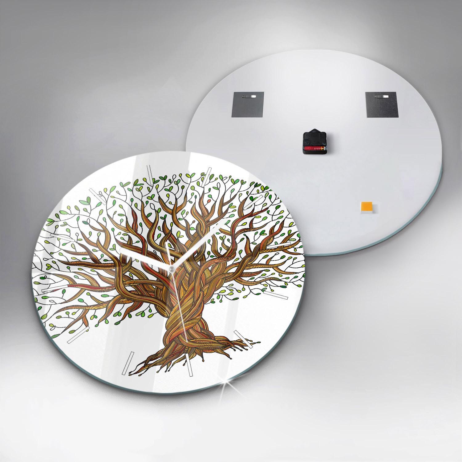 Ceas de perete, Wallfluent, de sticla, Mainile albe, Fara cifre, Copac ...