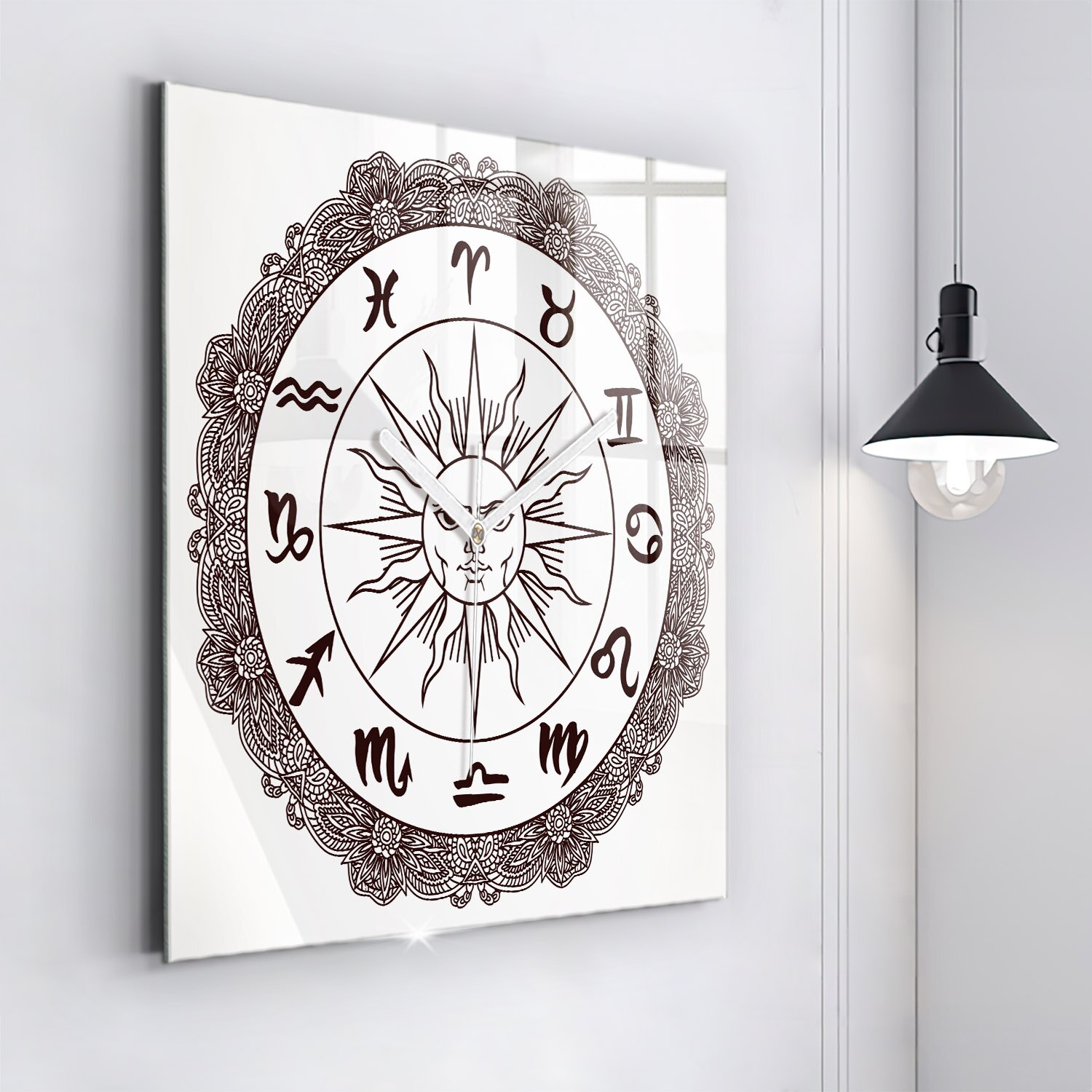 Ceas de perete, Wallfluent, de sticla, Mainile albe, Zodiaci decorativi ...
