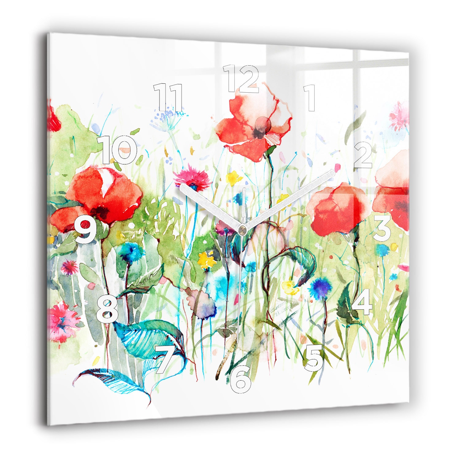 Ceas de perete, Wallfluent, de sticla, Mainile albe, Cifre Arabe, Flori ...