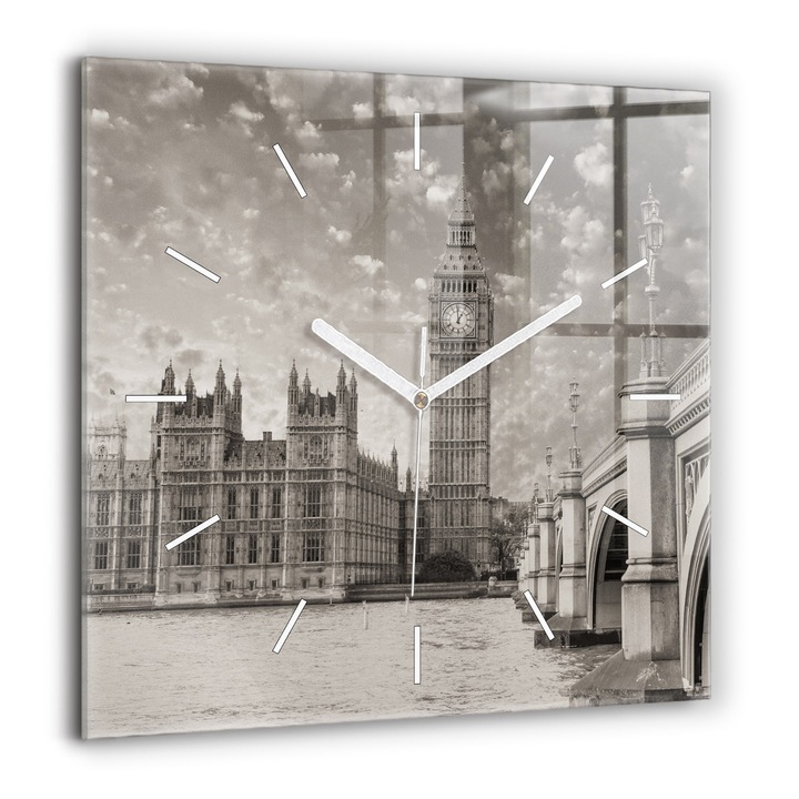 Ceas de perete, Wallfluent, de sticla, Mainile albe, Fara cifre, Londra ...