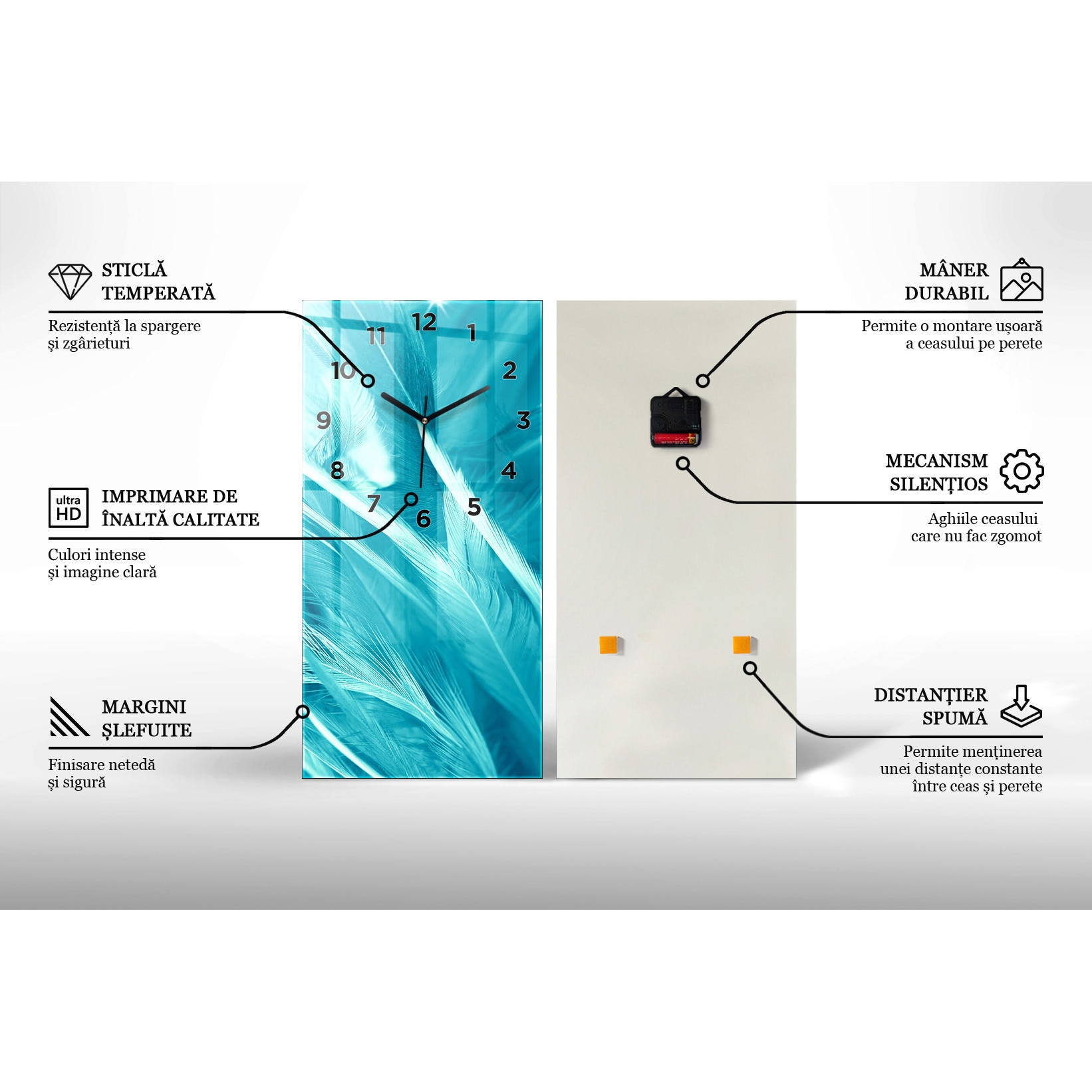 Ceas de perete, Wallfluent, de sticla, Mainile negru, Cifre Arabe ...