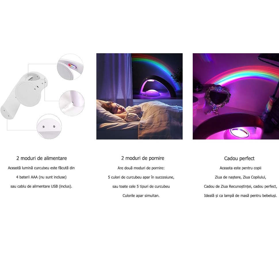 Lumina de noapte cu curcubeu, proiector cu LED, Alb - eMAG.ro