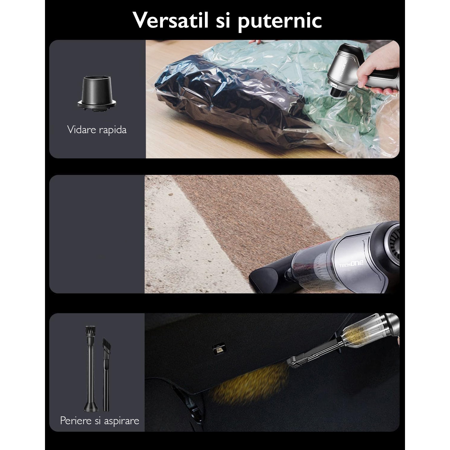 Aspirator Auto Portabil 3 in 1 Techone® Dust Master, 15000 Pa, 120W, 2 ...