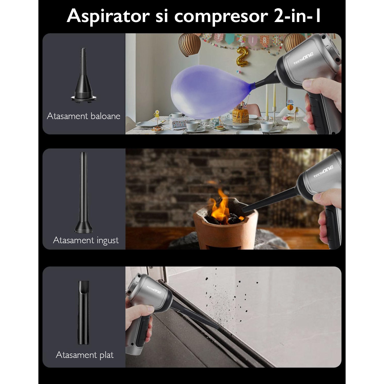 Aspirator Auto Portabil 3 in 1 Techone® Dust Master, 15000 Pa, 120W, 2 ...