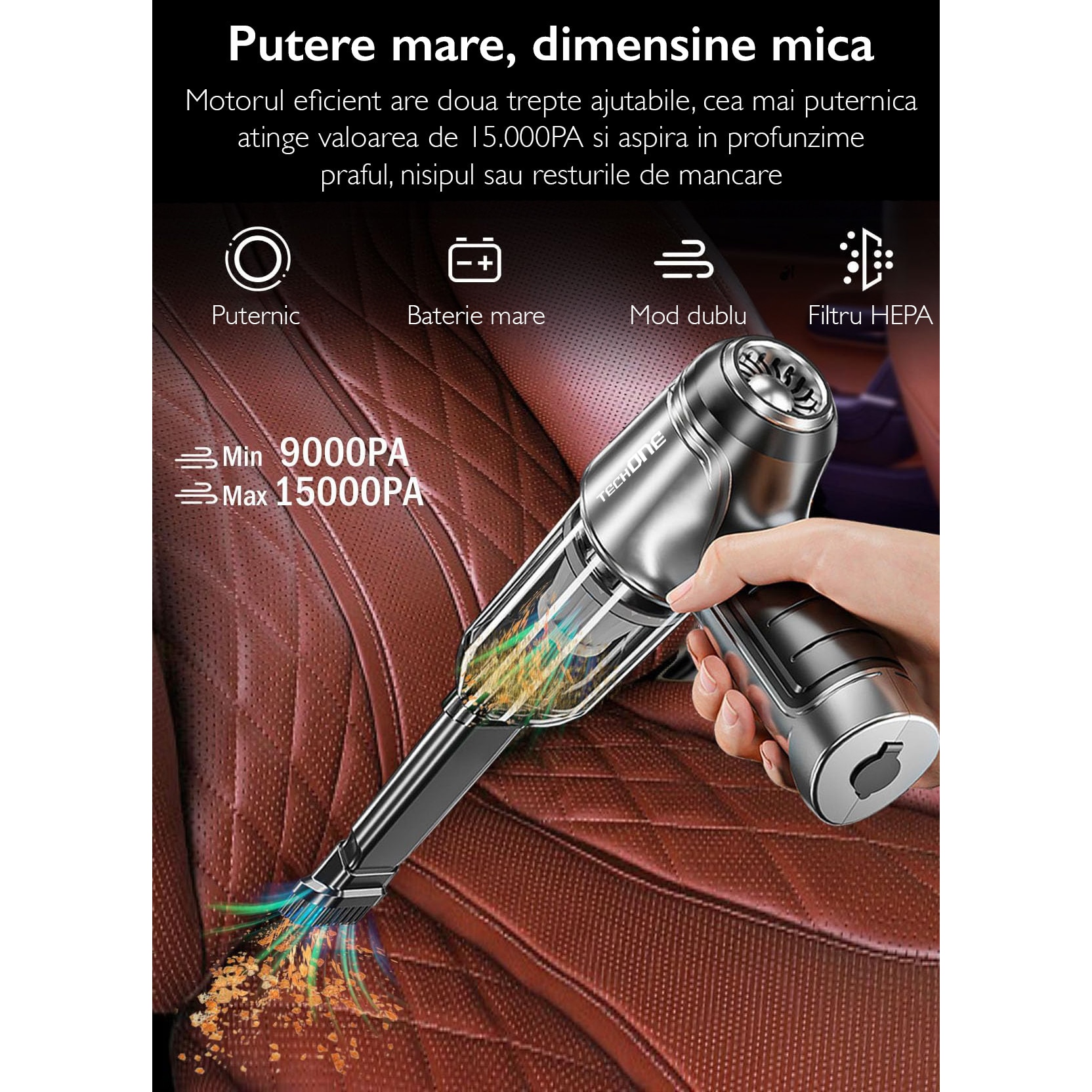 Aspirator Auto Portabil 3 in 1 Techone® Dust Master, 15000 Pa, 120W, 2 ...