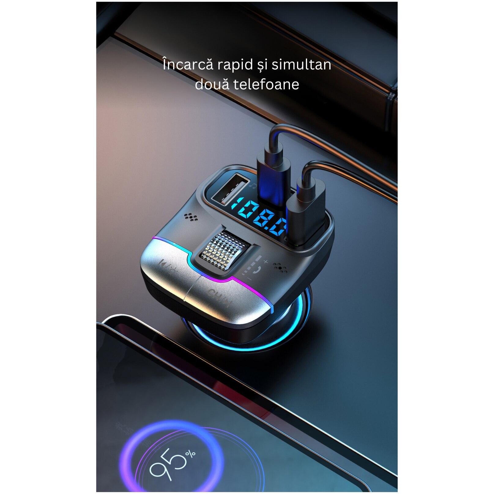 Modulator FM cu Bluetooth 5.3, OEM, model GZ01, Incarcare rapida, Functie Hands-Free, Protectie ...