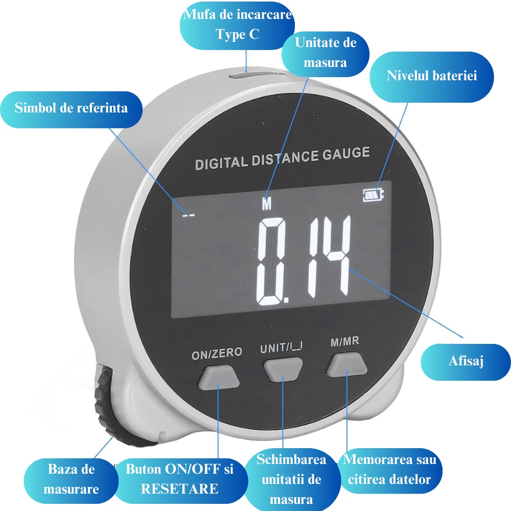 Ruleta electronica digitala 200m, incarcare USB, ecran LCD, inalta ...