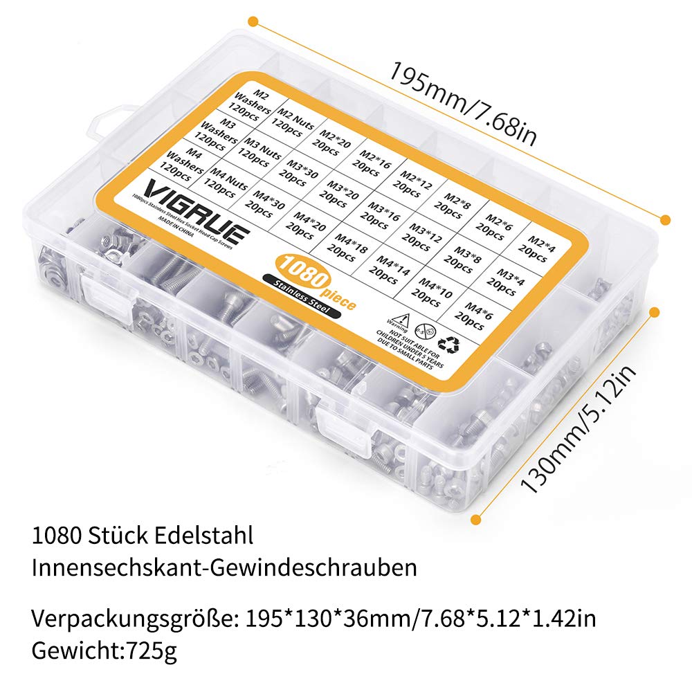 Комплект от 1080 шестостенни винта, JENUOS®, неръждаема стомана, M2/M3 ...