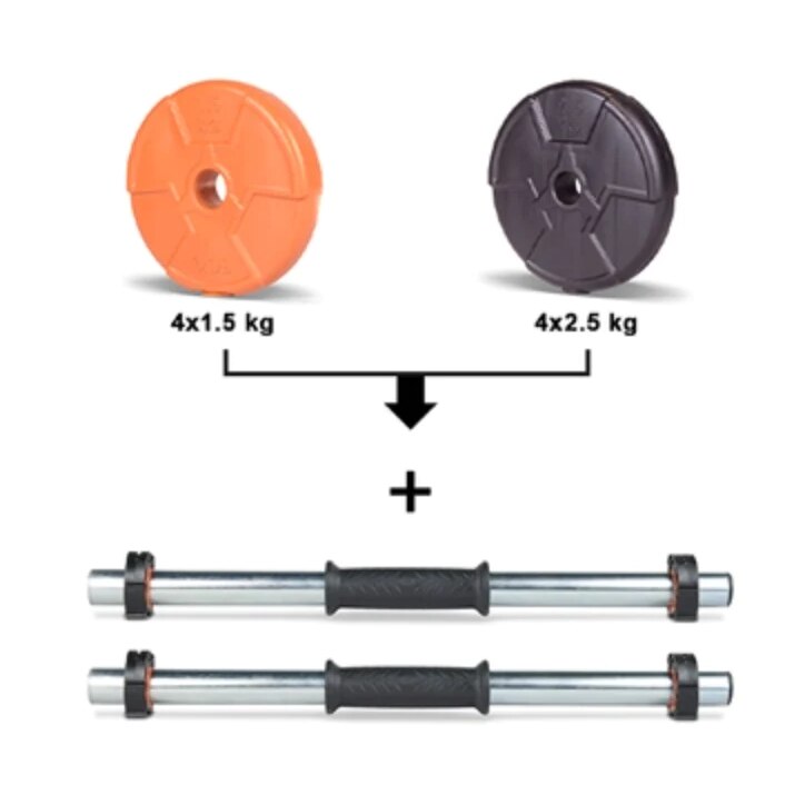 Set gantere reglabile de 16 KG cu 2 bare de 45 cm lungime si cleme prindere, Negru, Portocaliu ...